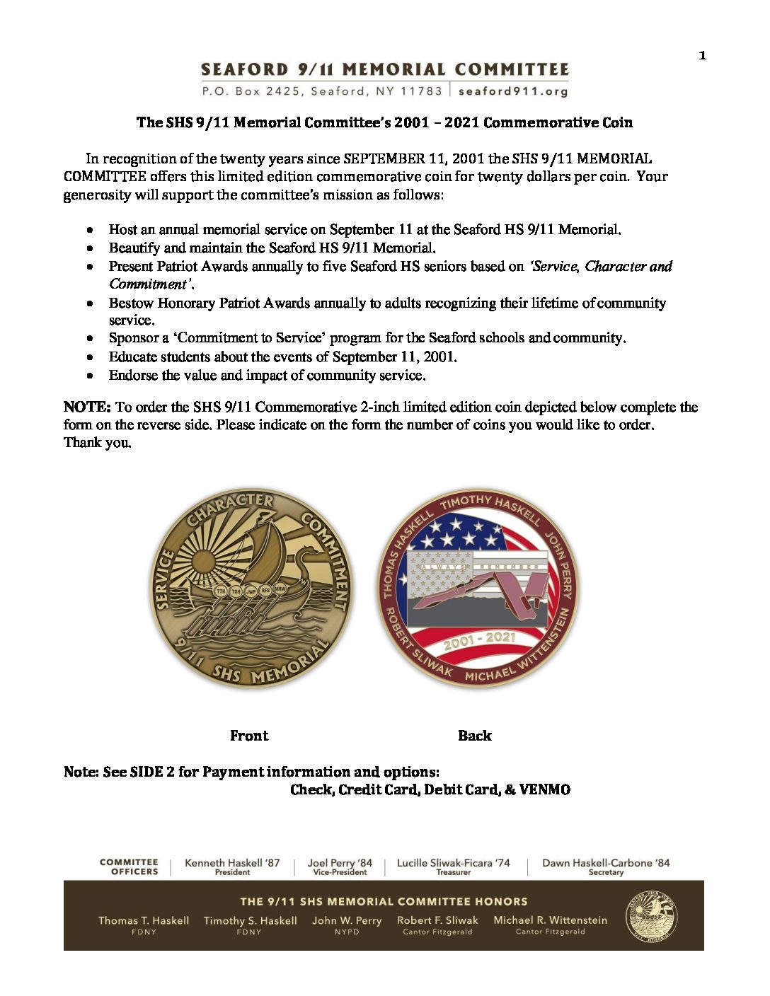 Commemorative Coin Order Form – Fillable – Seaford 9/11 Memorial Committee
